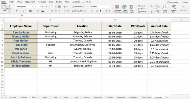 How To Track PTO Accruals In Excel - Vacation Tracker